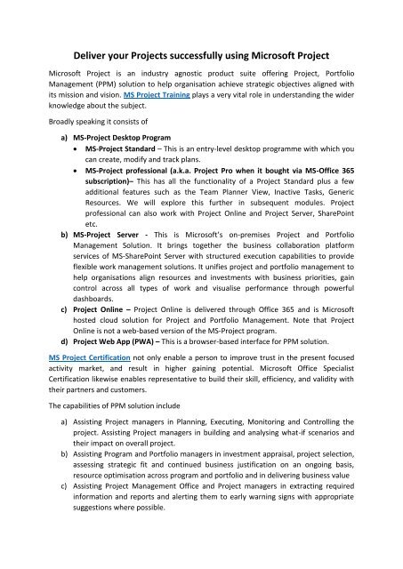 Deliver your Projects successfully using Microsoft Project