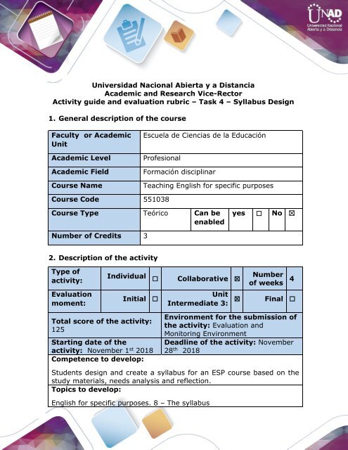 Activity Guide and Evaluation Rubric - Task 4 - Syllabus Design