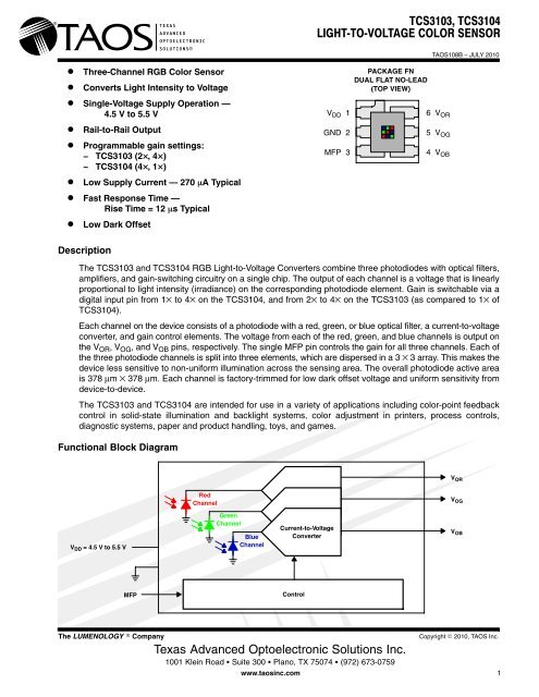 TCS3103, TCS3104 LIGHT-TO-VOLTAGE COLOR SENSOR ... - ams