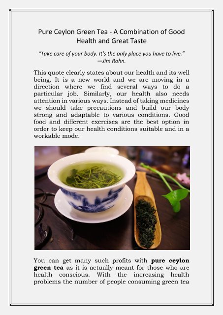 Pure Ceylon Green Tea - A Combination of Good Health and Great Taste