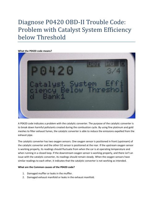 PartsAvatar, Toronto - Diagnose P0420 OBD-II Trouble Code