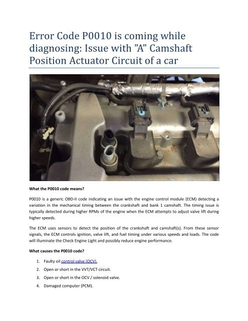 PartsAvatar Auto Parts - Error Code P0010 is coming while diagnosing
