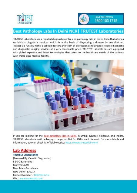 Best Pathology Labs In Delhi NCR-TRUTEST Laboratories