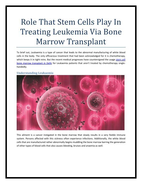 Role That Stem Cells Play In Treating Leukemia Via Bone Marrow Transplant