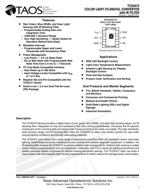 TCS3472 COLOR LIGHT-TO-DIGITAL CONVERTER with IR ... - ams