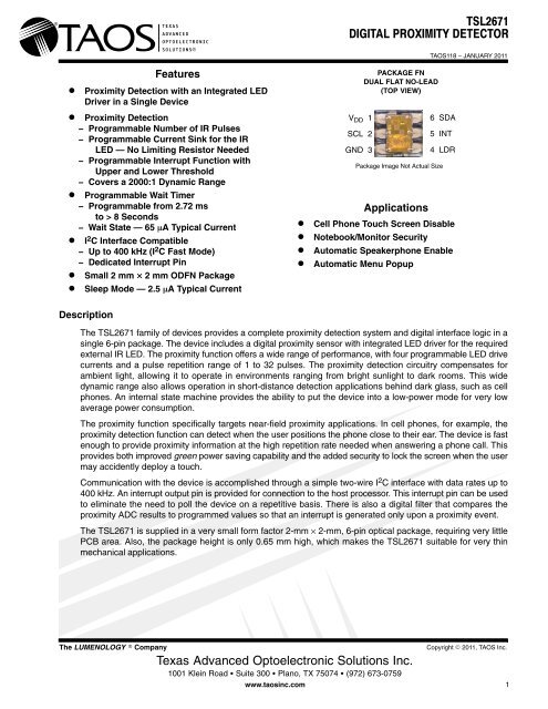 TSL2671 DIGITAL PROXIMITY DETECTOR Texas Advanced ... - ams