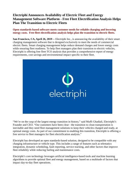 Electriphi Announces Availability of Electric Fleet and Energy ...