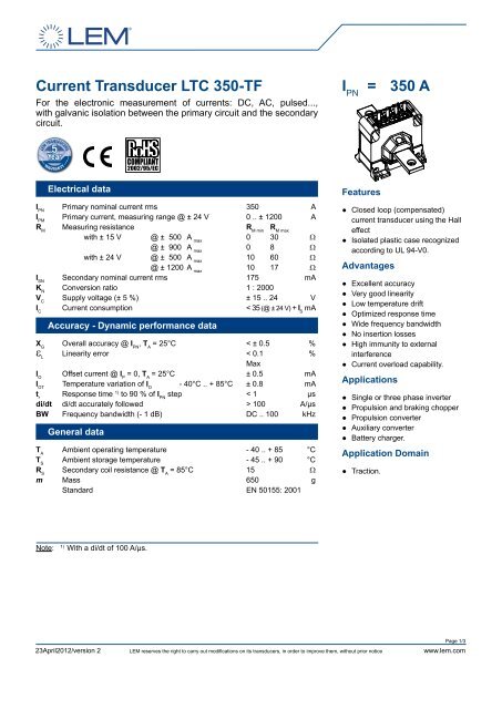 Current Transducer LTC 350-TF IPN = 350 A - LEM