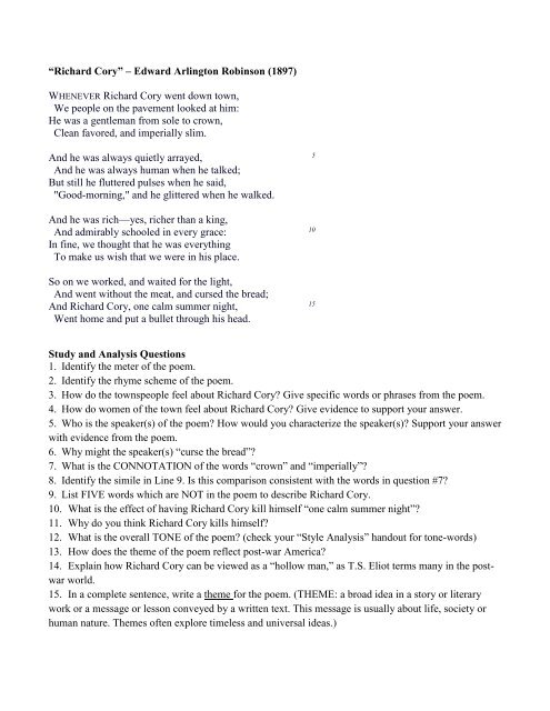 Richard Cory Poem (w/ questions)