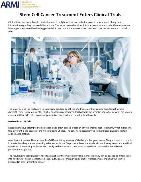 Stem Cell Cancer Treatment Enters Clinical Trials