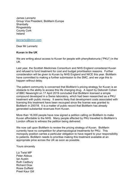 Cross party letter to BioMarin with signatories