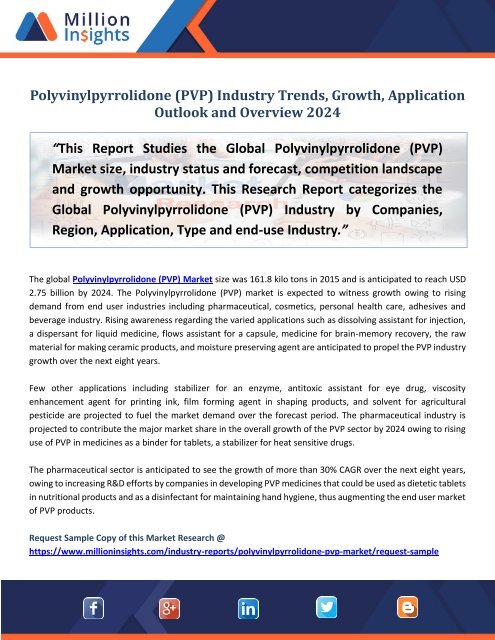 Polyvinylpyrrolidone (PVP) Industry Trends, Growth, Application Outlook and Overview 2024