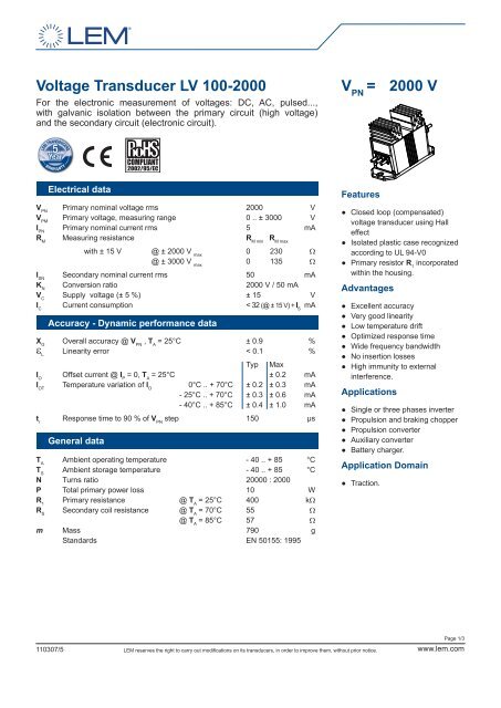 Voltage Transducer LV 100-2000 V = 2000 V - LEM