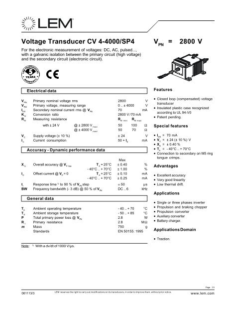 Voltage Transducer CV 4-4000/SP4 V = 2800 V - LEM