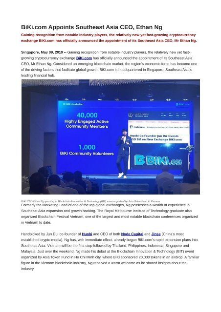 BiKi.com Appoints Southeast Asia CEO, Ethan Ng