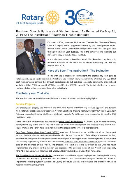 Handover Speech By President Stephen Ssendi As Delivered On May 13 ...