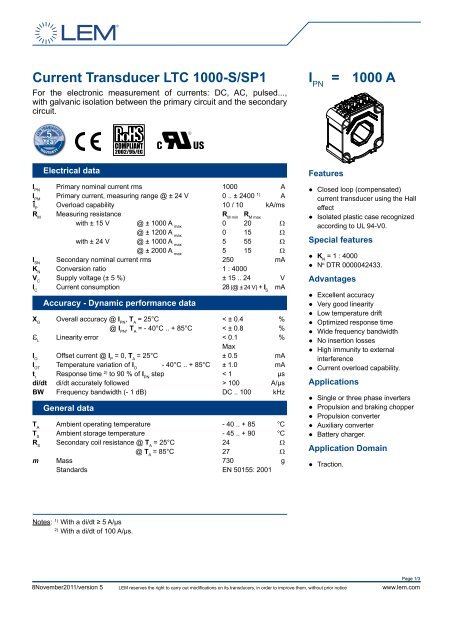 Current Transducer LTC 1000-S/SP1 IPN = 1000 A - LEM
