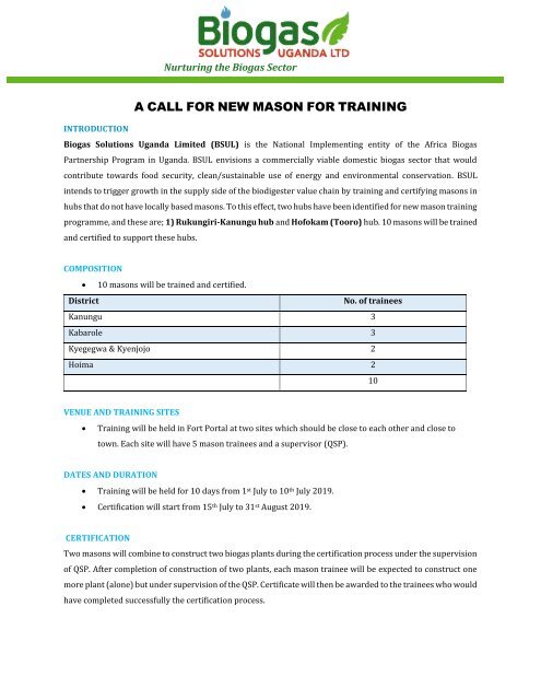 Call for mason training