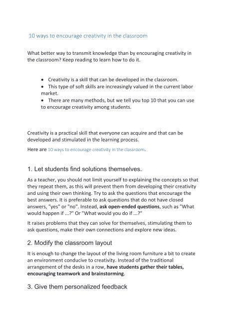 10 ways to encourage creativity in the classroom