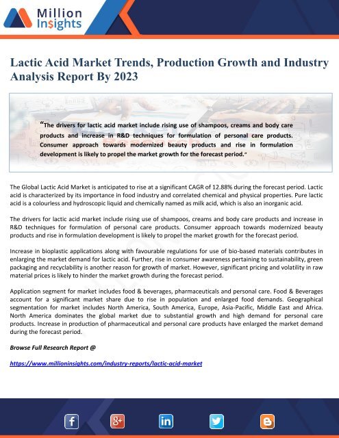Lactic Acid Market Trends, Production Growth and Industry Analysis ...
