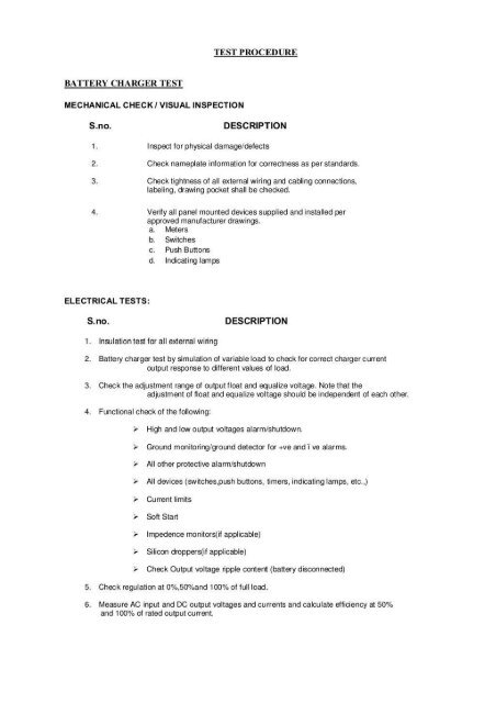 Testing procedure and electrical tests done on battery and battery charger
