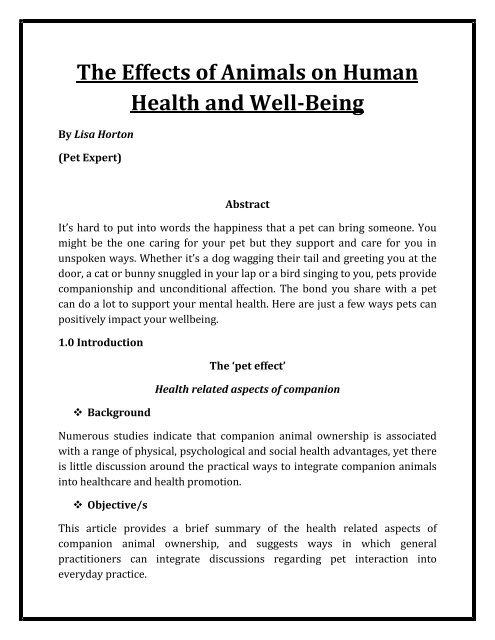 The Effects of Animals on Human Health and Well‐Being