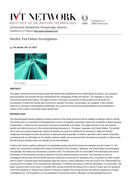 IVT Network - Sterility Test Failure Investigations - 2014-05-05