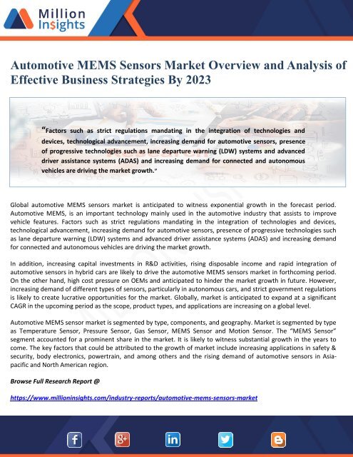 Automotive MEMS Sensors Market Overview and Analysis of Effective ...