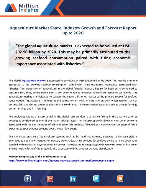 Aquaculture Market Share, Industry Growth and Forecast Report up to 2020