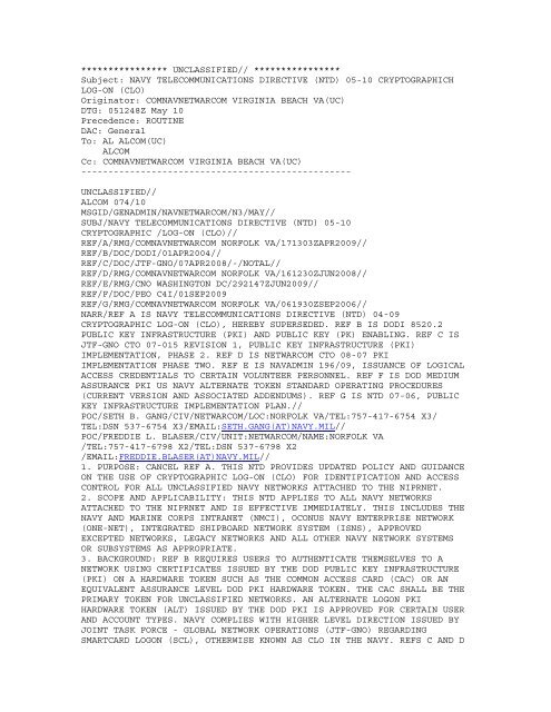 (NTD) Cryptographic Log-On - CNIC - The US Navy