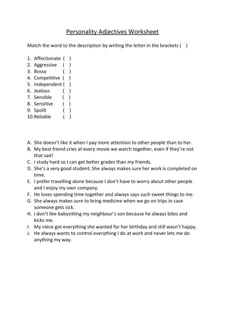 Personality Adjectives Worksheet