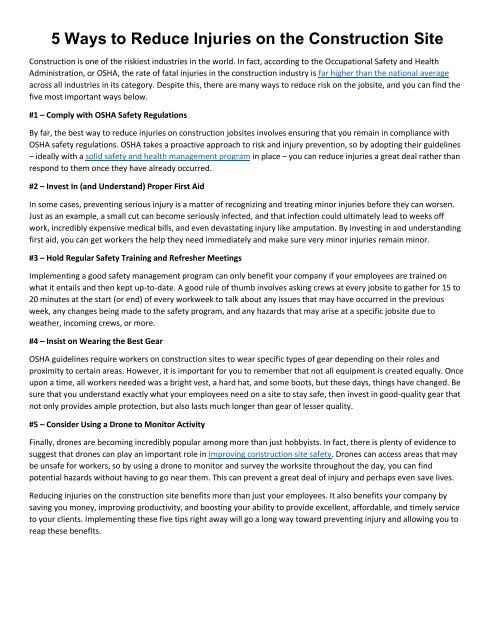 5 Ways to Reduce Injuries on the Construction Site