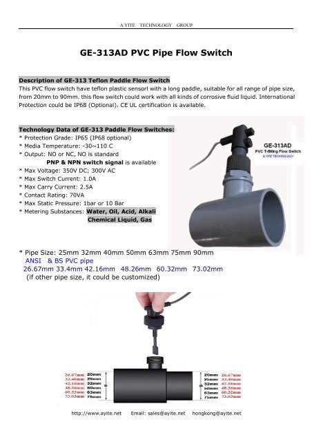 GE-313AD PVC Pipe Flow Switch ANSI GB BS DIN SCH