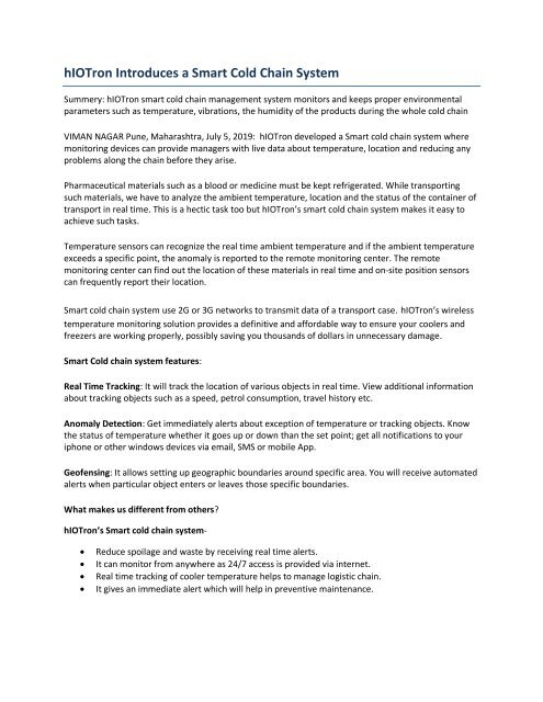 hIOTron Introduces a Smart Cold Chain System