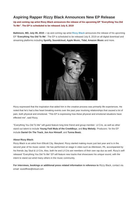 Aspiring Rapper Rizzy Black Announces New EP Release