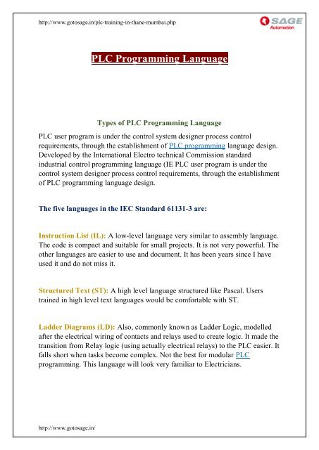 PLC Programming Language at Sage Automation
