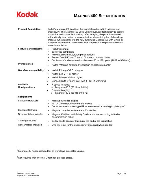 Magnus 400 Specifications