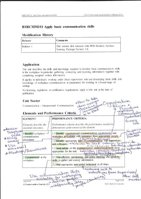 BSBCMM1O1 Apply basic communication skills marked unit and assessment ...