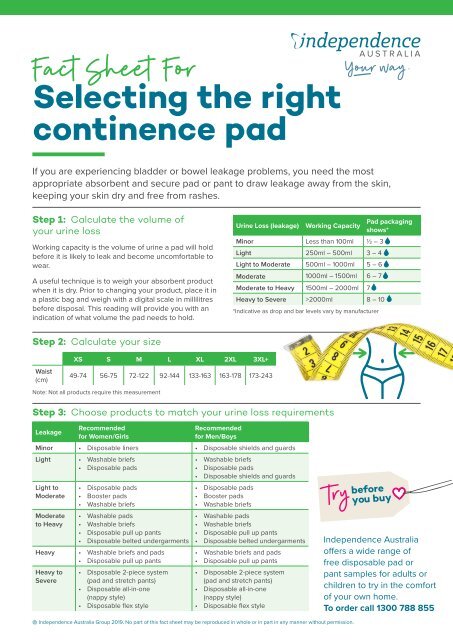 Continence Pads Fact sheet
