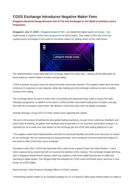 COSS Exchange Introduces Negative Maker Fees
