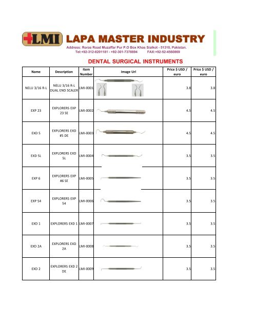 PRICE LIST FOR DENTAL INSTRUMENTS LAPA MASTER INDUSTRY Copy PRICE LIST FOR DENTAL INSTRUMENTS LAPA MASTER INDUSTRY Copy