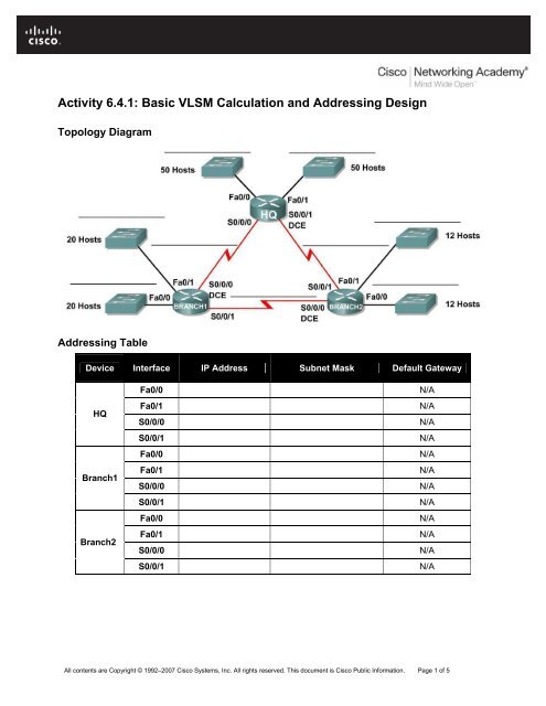 Lab6-1 Basic VLSM Calculation and Addressing Design