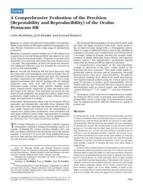 (Repeatability and Reproducibility) of the Oculus Pentacam HR