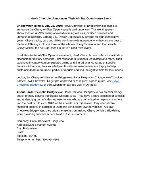 Hawk Chevrolet Announces Their All-Star Open House Event