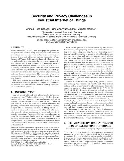 2015 Security and privacy challenges in industrial Internet of Things