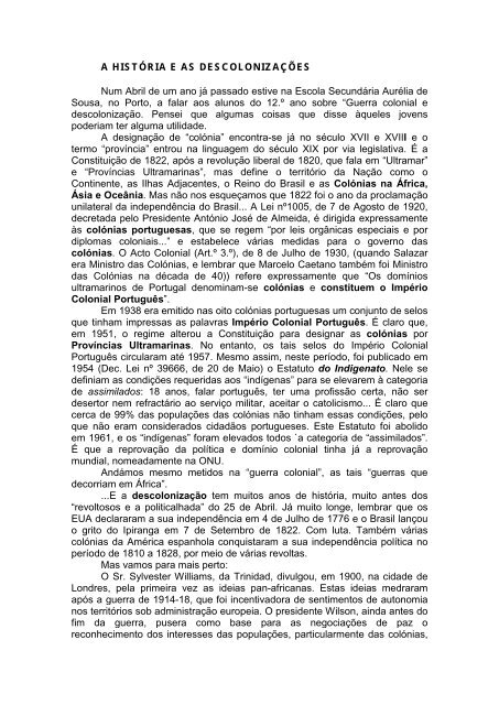 A HISTÓRIA E AS DESCOLONIZAÇÕES