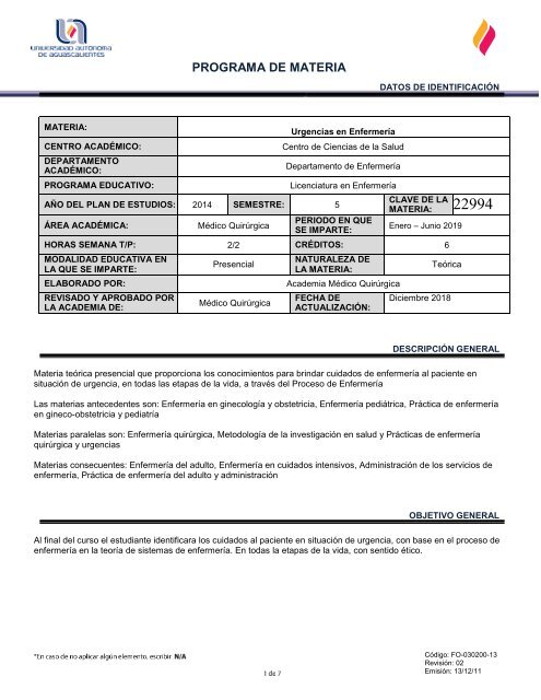 PROGRAMA DE MATERIA Urgencias En Enfermeria 5sem LENF-EJ19