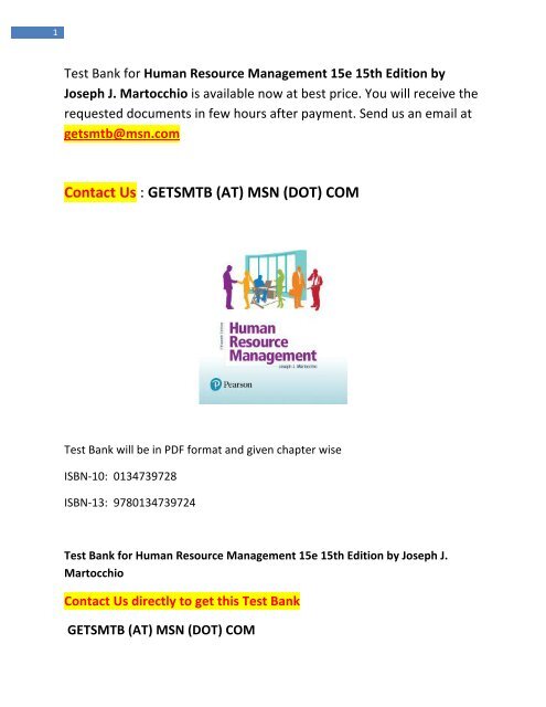 Test Bank Human Resource Management 15th Edition by Martocchio