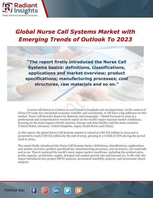 Global Nurse Call Systems Market With Emerging Trends Of Outlook To 2023