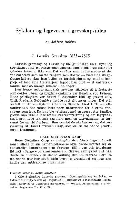 Sykdom og legevesen i grevskapstiden